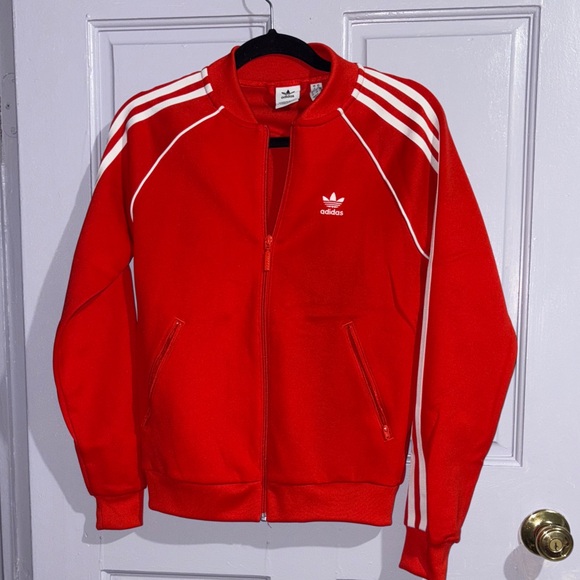 adidas | Sweaters | Adidas Bold Red Jacket With White Stripes | Poshmark